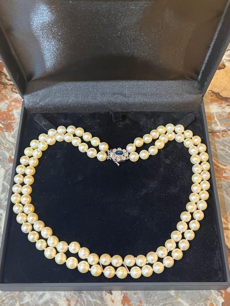 Two Rows of Pearl Sapphire Diamonds 18 Carat White Gold Necklace at 1stDibs
