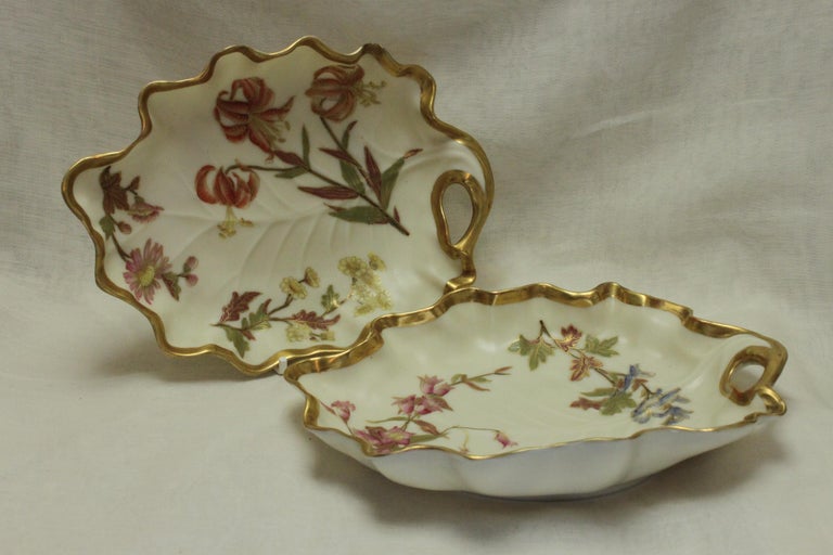 Two Royal Worcester Blush Ivory dishes in the shape of a cabbage leaf ...