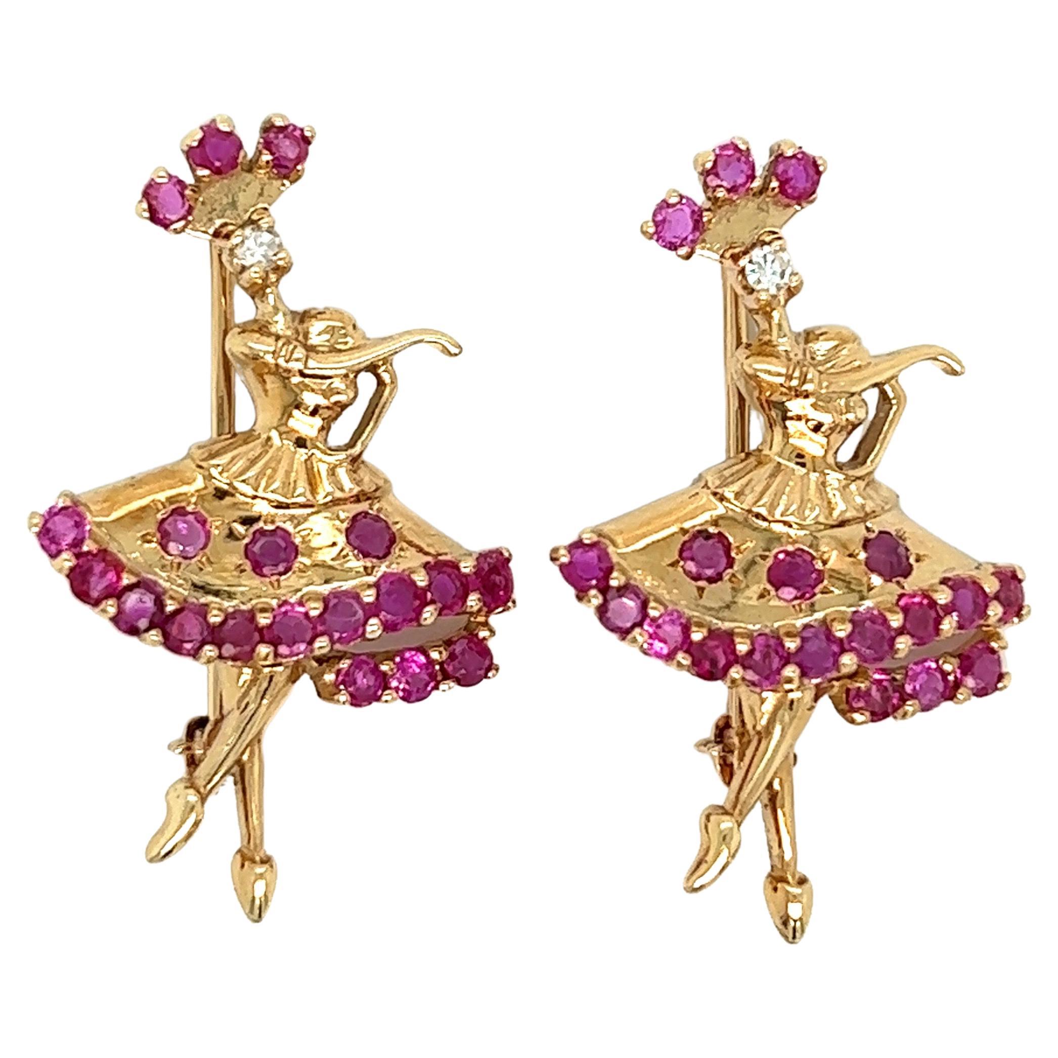 Retro Whimsical Ruby Diamond Gold Dancing Ballerina Brooch Pin at 1stDibs