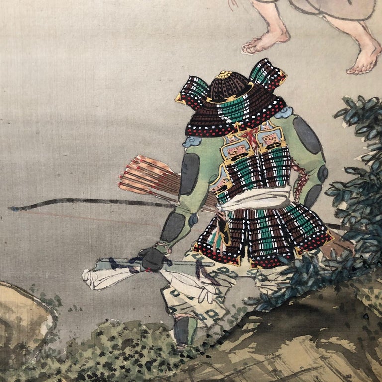 Two Samurai in Summer Japanese Antique Hand-Painted Silk Scroll, Taisho ...