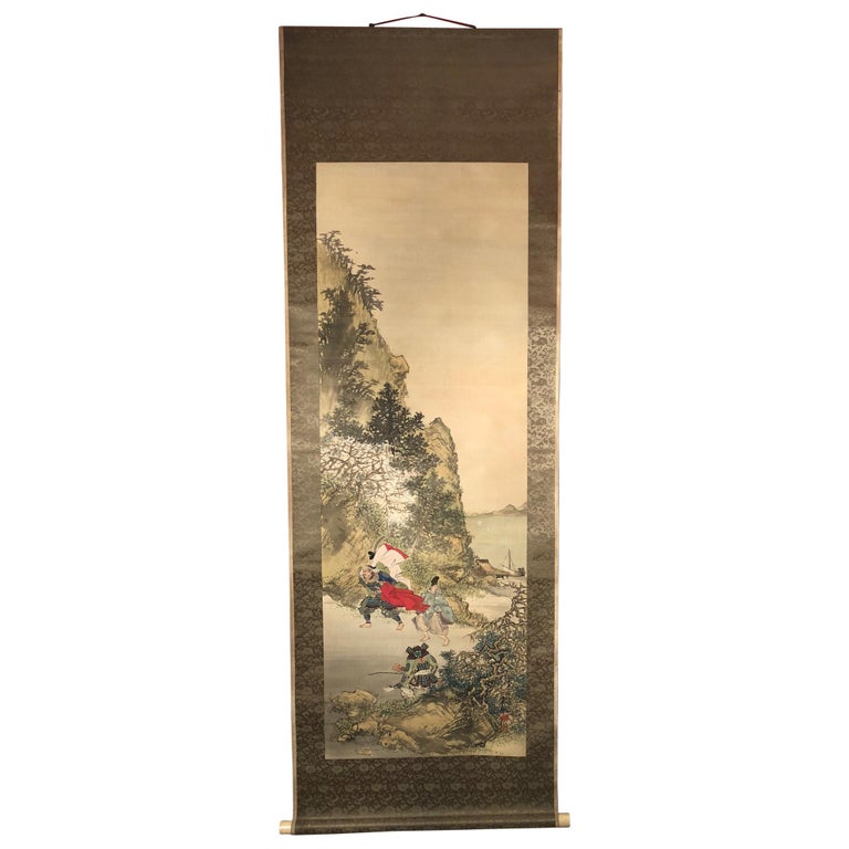 Two Samurai in Summer Japanese Antique Hand-Painted Silk Scroll, Taisho ...