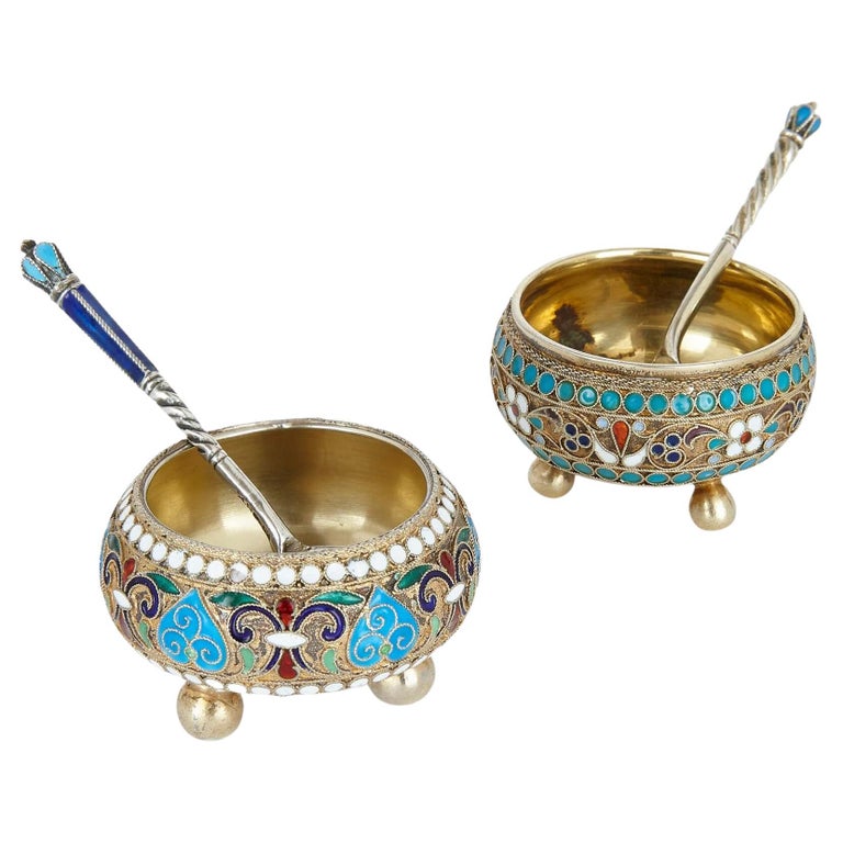 Two Silver-Gilt and Cloisonné Enamel Russian Open Salts with Spoons For ...