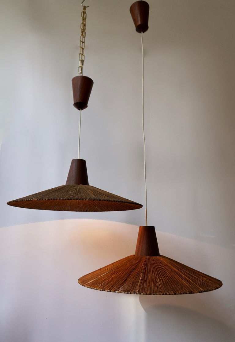 Two Teak and Cord Shade Hanging Lamps at 1stDibs