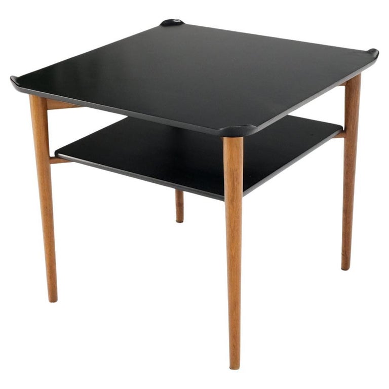 Two Tier Black Lacquer and Walnut Square End Side Center Table Stand ...