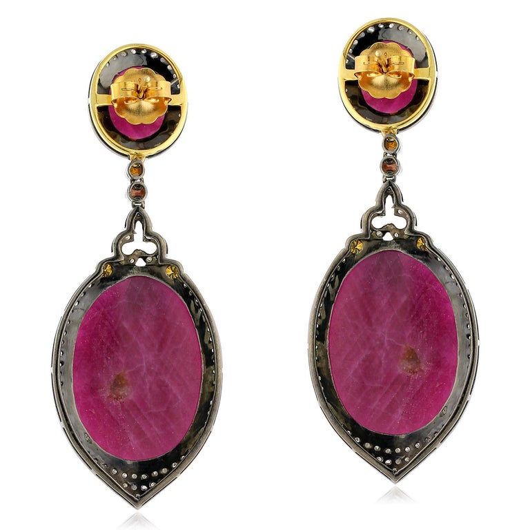 Two-Tier Oval Shape Ruby Dangle Earring with Diamond Motif in 18K Gold ...