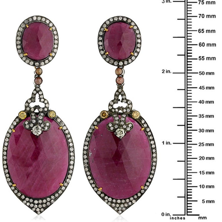Two-Tier Oval Shape Ruby Dangle Earring with Diamond Motif in 18K Gold ...