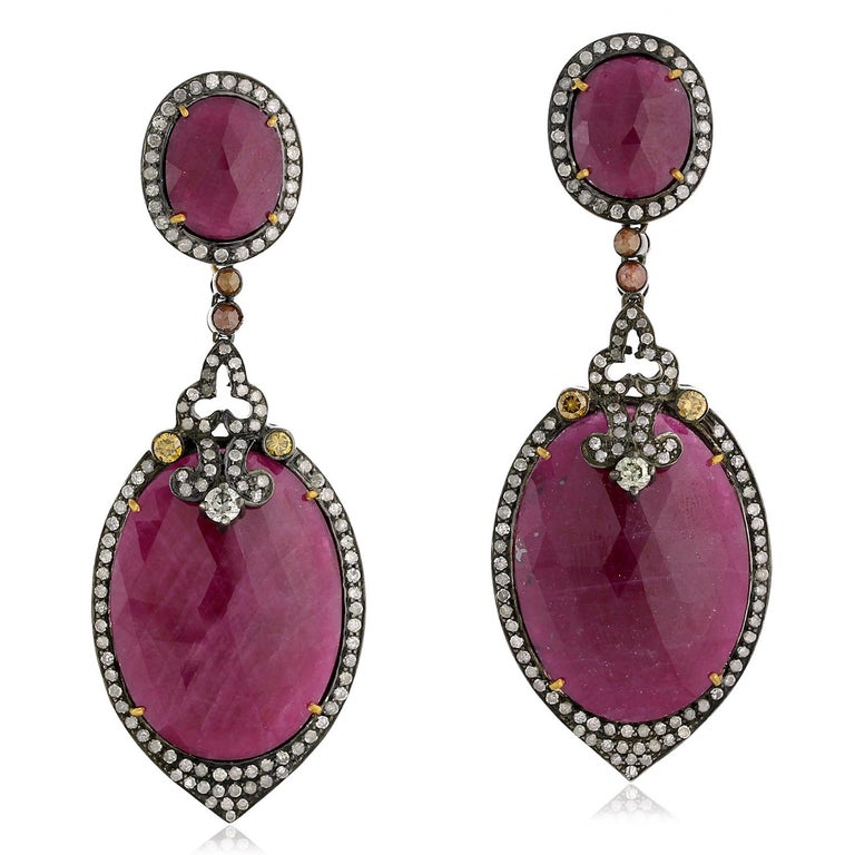 Two-Tier Oval Shape Ruby Dangle Earring with Diamond Motif in 18K Gold ...