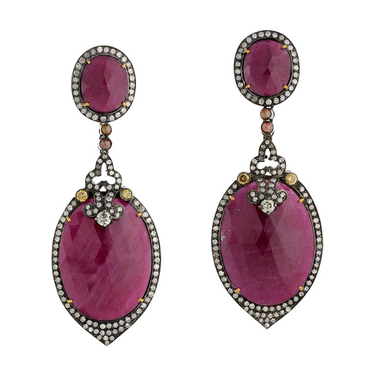 Two-Tier Oval Shape Ruby Dangle Earring with Diamond Motif in 18K Gold ...