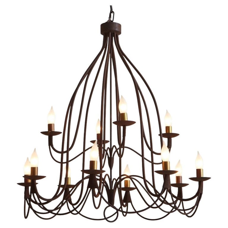 Two-Tier Patinated Iron Curved Chandelier, Italy, 1990s For Sale at 1stDibs