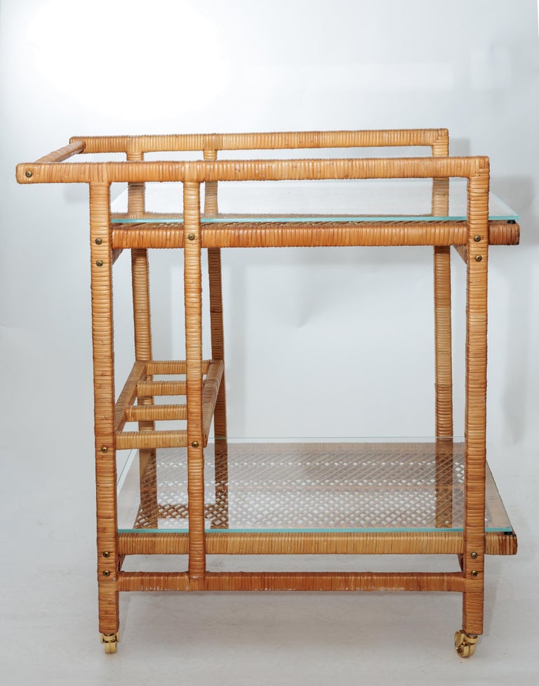 Two Tier Rattan Rolling Bar Cart with Glass Tops and Brass Hardware For ...