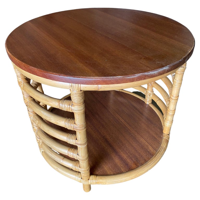 Restored Two-Tier Round Pole Rattan Side Table with Mahogany Top For ...
