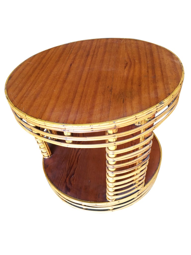 Two-Tier Round Stick Rattan Coffee Table with Mahogany Top For Sale at ...