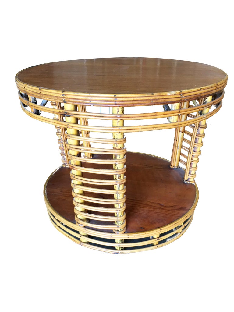 Two-Tier Round Stick Rattan Coffee Table with Mahogany Top For Sale at ...