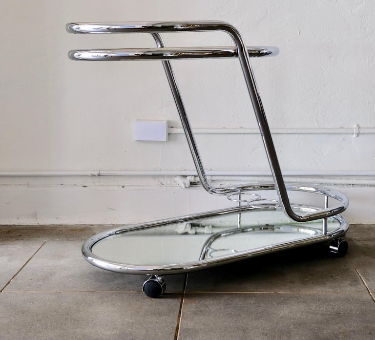 Two-Tiered Tubular Chrome Mirror and Glass Bar Cart at 1stDibs