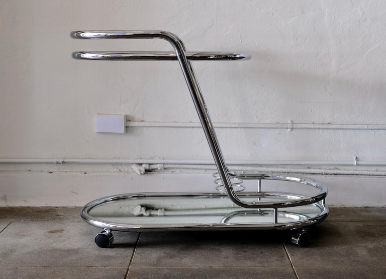 Two-Tiered Tubular Chrome Mirror and Glass Bar Cart at 1stDibs