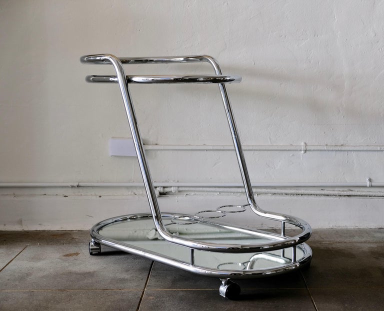 Two-Tiered Tubular Chrome Mirror and Glass Bar Cart at 1stDibs