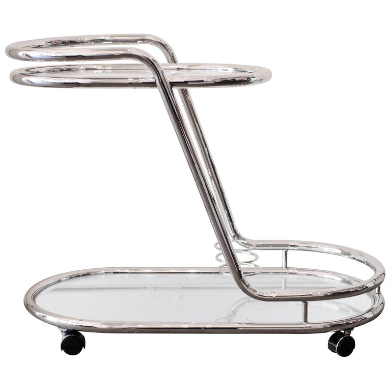 Two-Tiered Tubular Chrome Mirror and Glass Bar Cart at 1stDibs