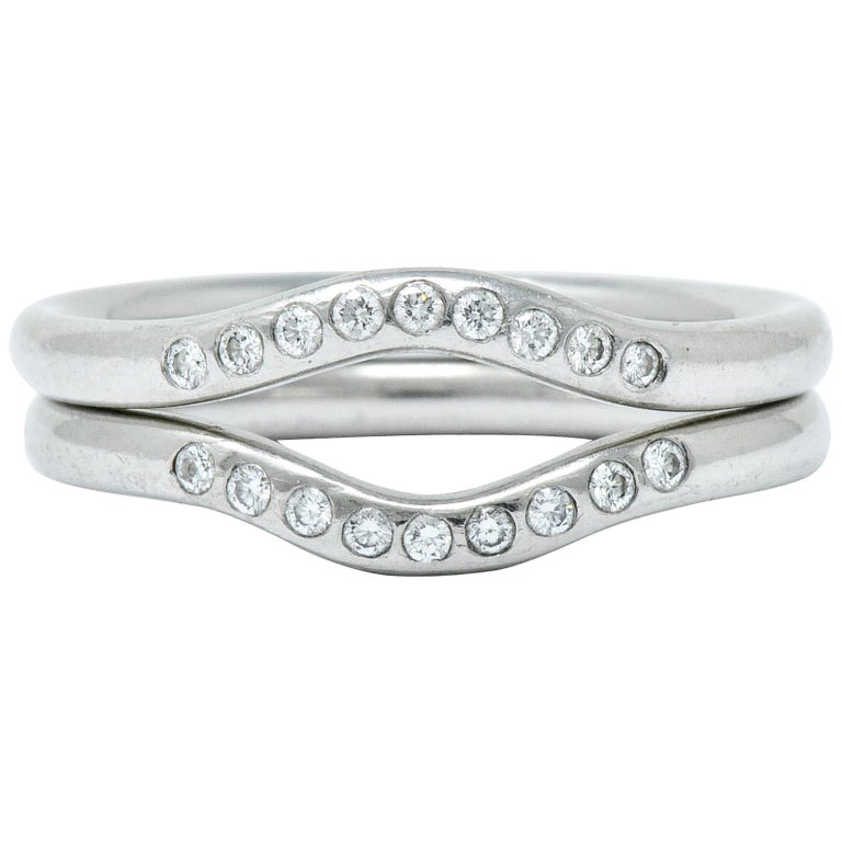 Two Tiffany and Co. Vintage Diamond Platinum Chevron Contour Stacking ...