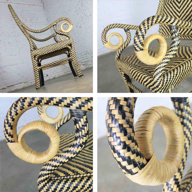 Two-Tone Chevron Pattern Rattan Wicker Tall Back Chair with Spiral Arms ...