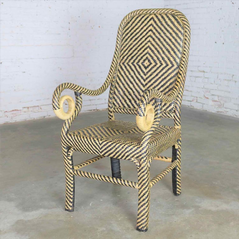 Two-Tone Chevron Pattern Rattan Wicker Tall Back Chair with Spiral Arms ...