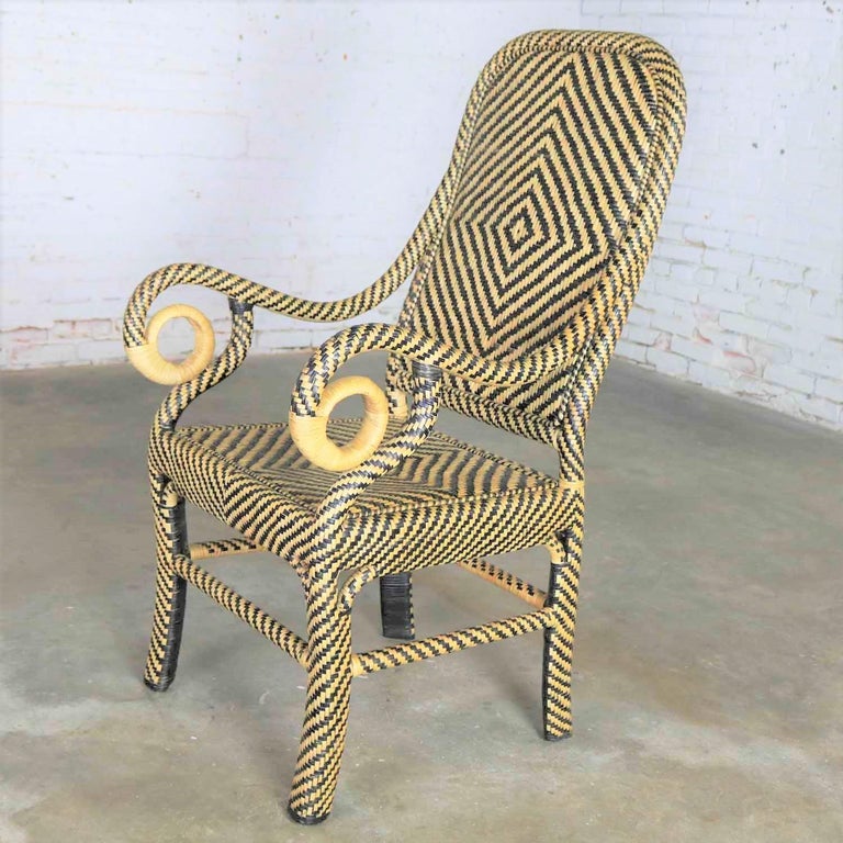 Two-Tone Chevron Pattern Rattan Wicker Tall Back Chair with Spiral Arms ...