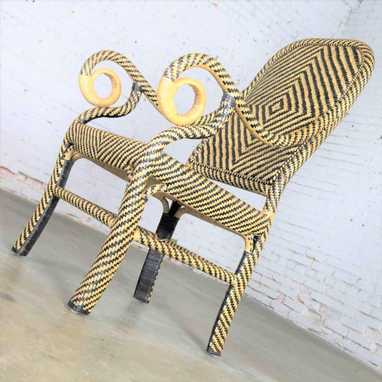 Two-Tone Chevron Pattern Rattan Wicker Tall Back Chair with Spiral Arms ...