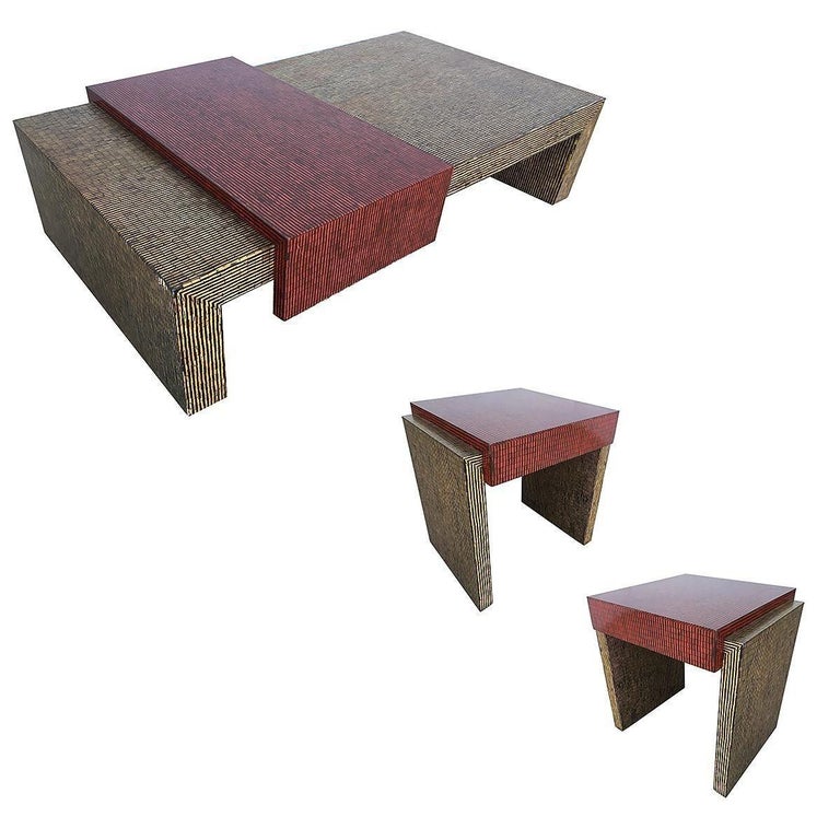 Two-Tone Cubist Style Side Table and Coffee Table Set, Set of 3 For ...