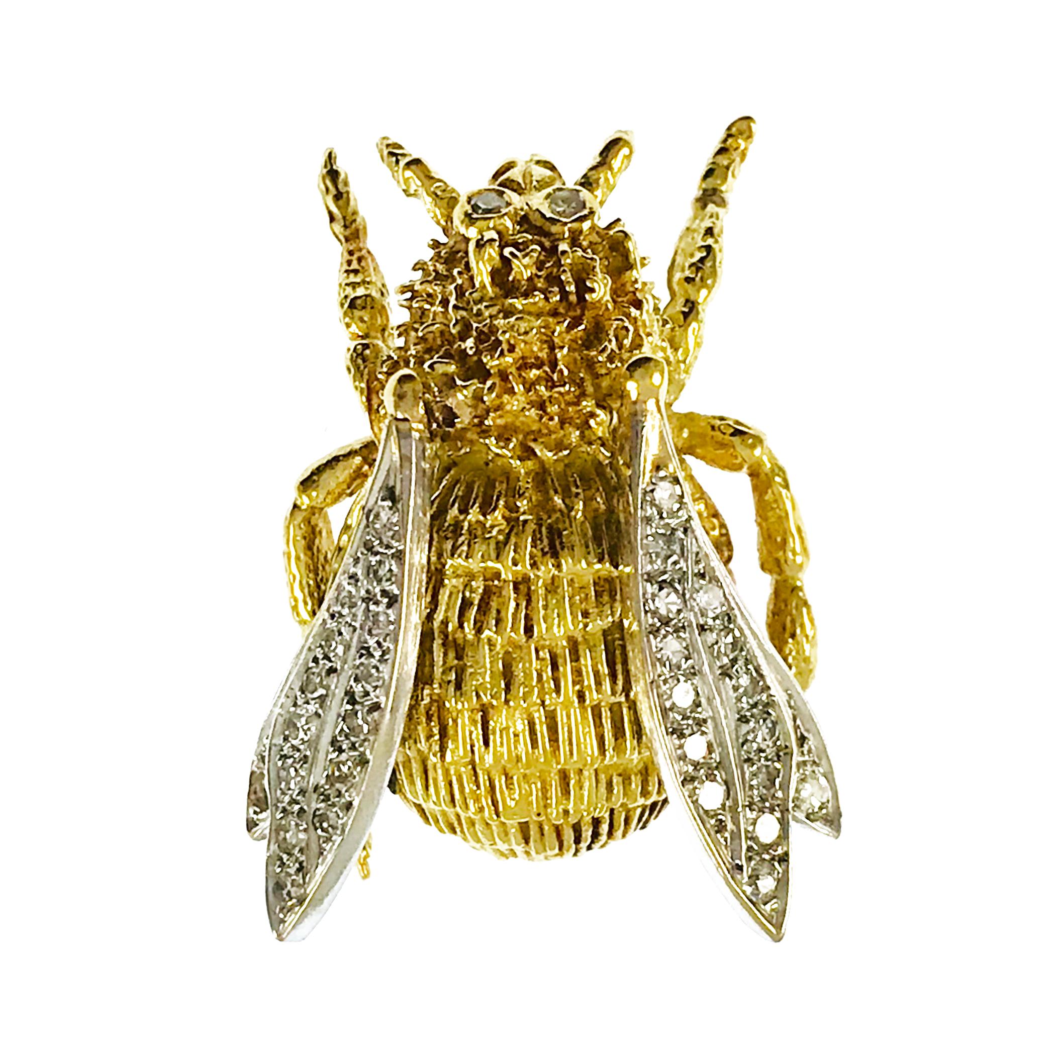 Two-Tone Diamond Bee Fly Brooch For Sale at 1stDibs