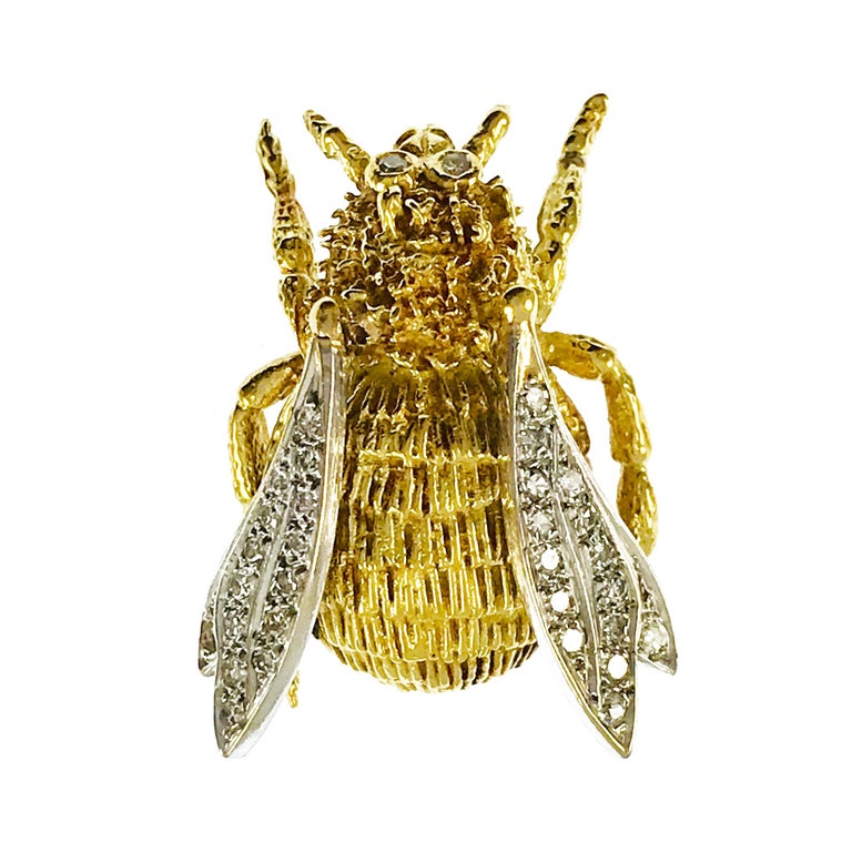 Two-Tone Diamond Bee Fly Brooch For Sale at 1stDibs