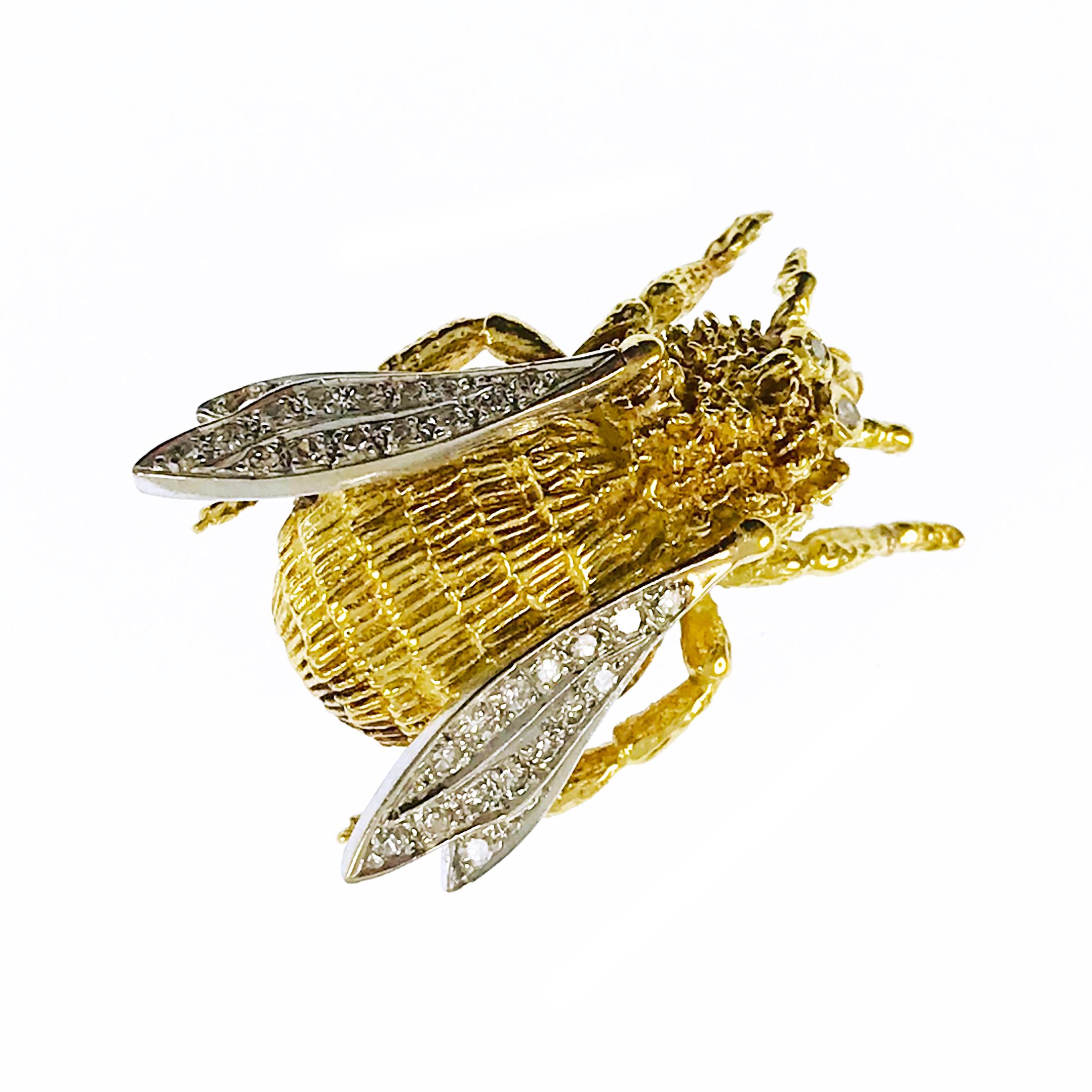 Two-Tone Diamond Bee Fly Brooch For Sale at 1stDibs