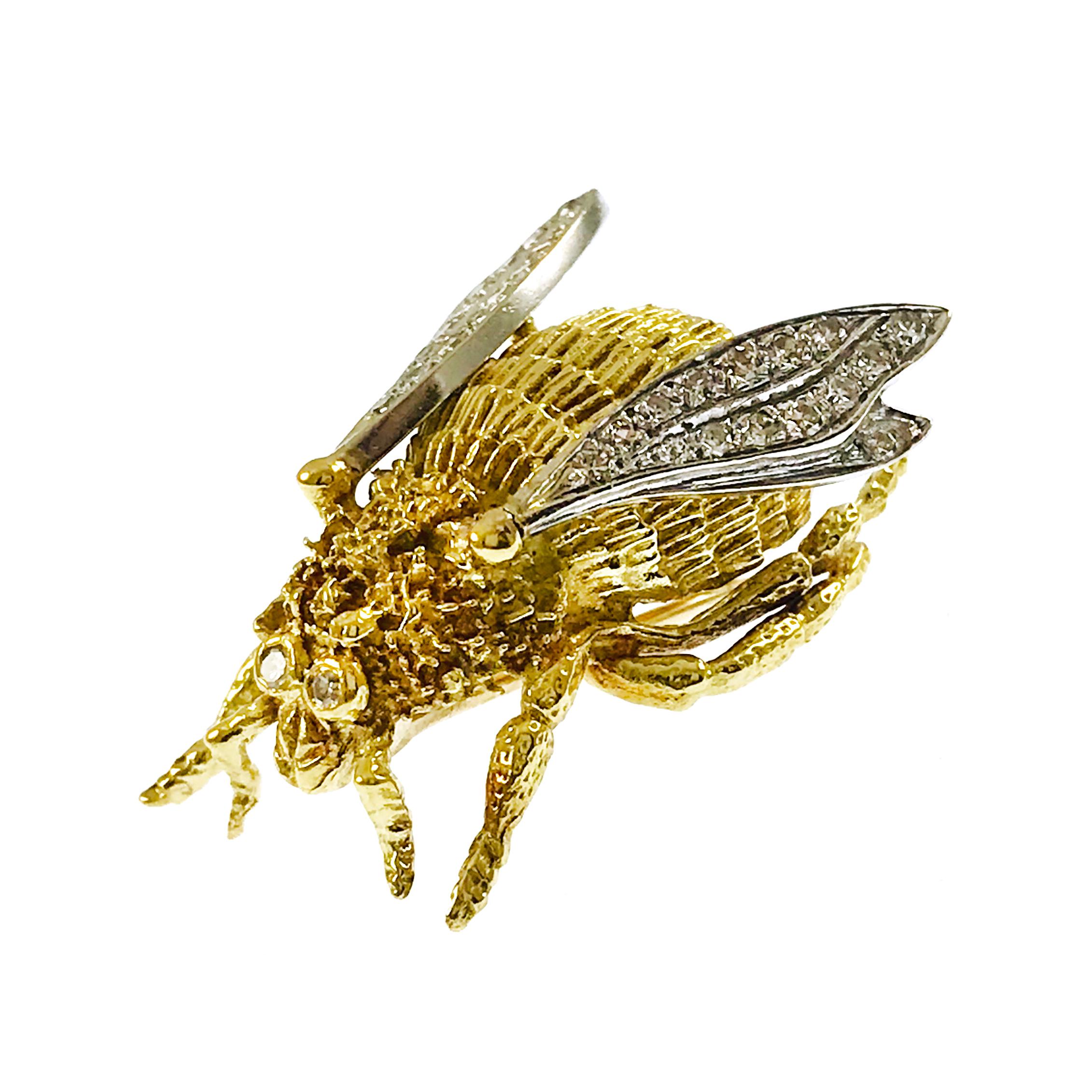 Two-Tone Diamond Bee Fly Brooch For Sale at 1stDibs