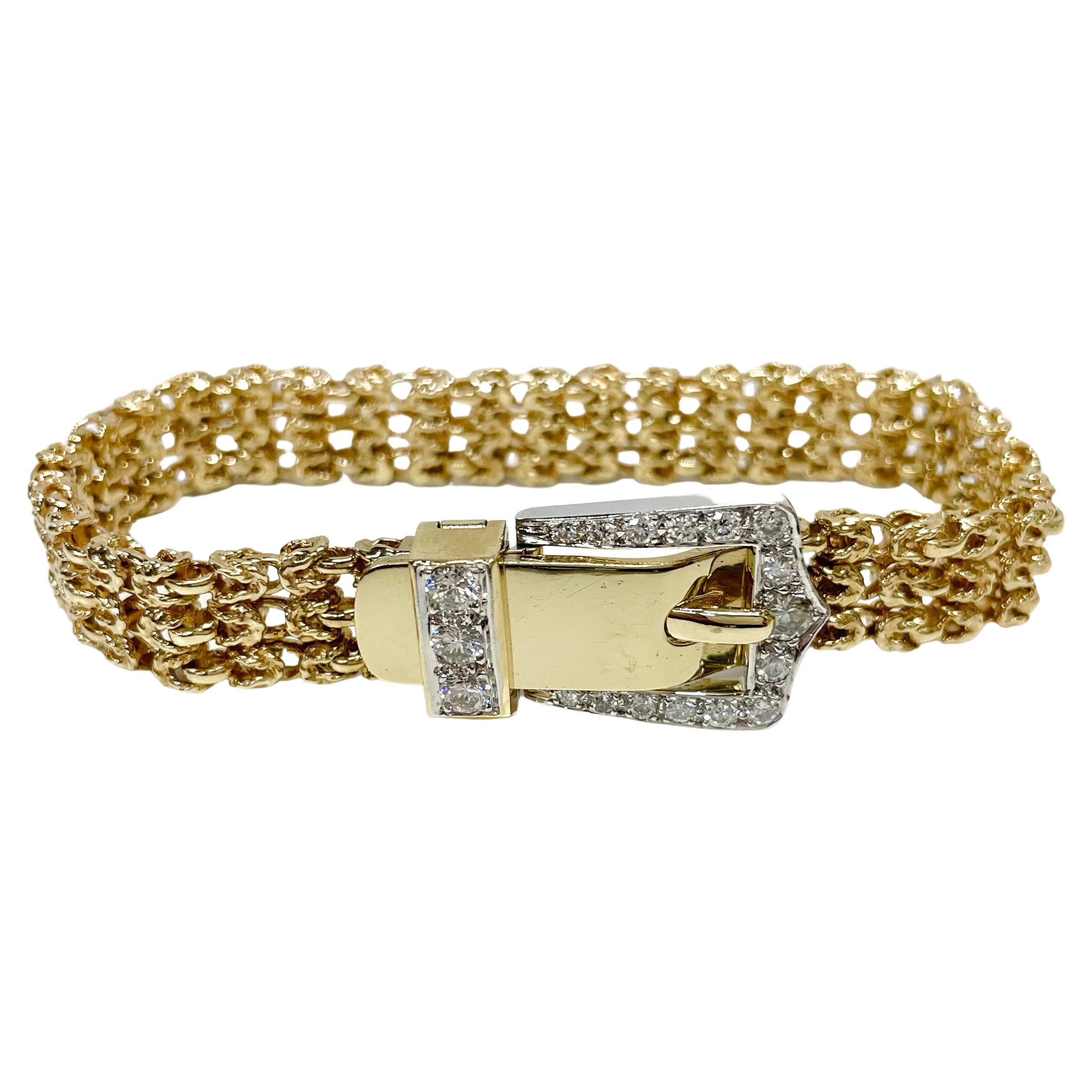 Diamond Two Color Textured Gold Link Bracelet at 1stDibs