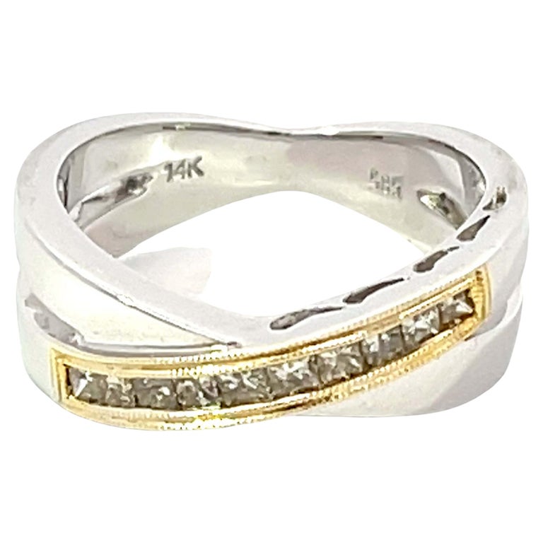 Two Tone Diamond Cross Band Ring in 14k White Gold For Sale at 1stDibs