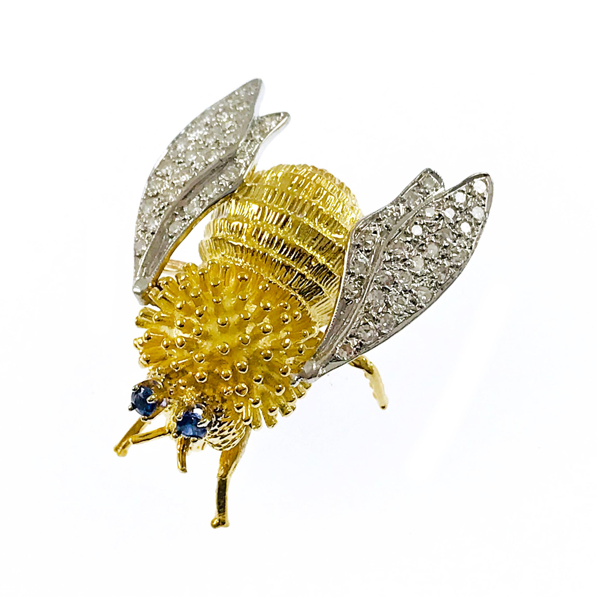 Two-Tone Diamond Sapphire Bee Fly Brooch For Sale at 1stDibs