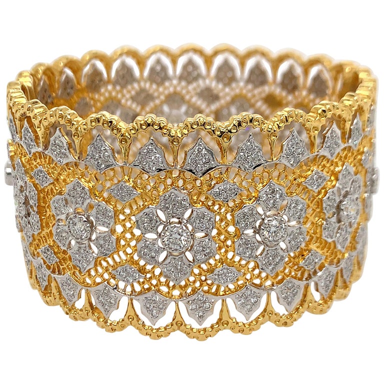 Two Tone Gold Diamond Filigree Bangle For Sale at 1stDibs