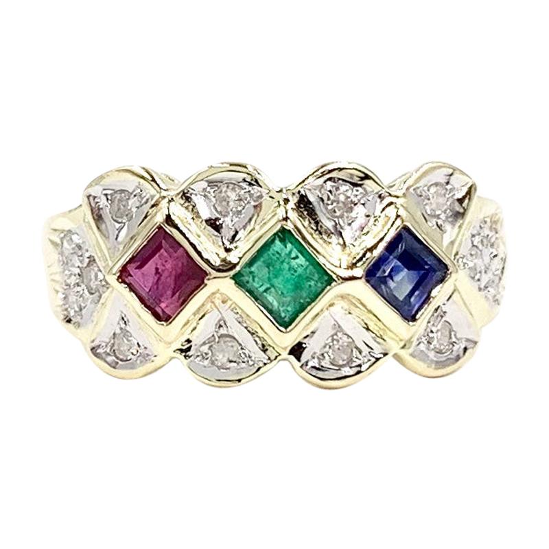 Two-Tone Gold Ruby, Sapphire and Emerald Ring For Sale at 1stDibs