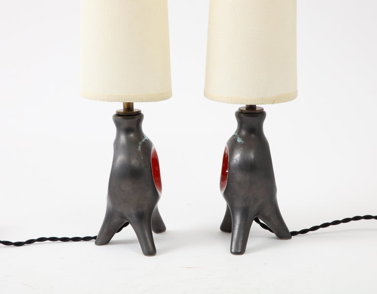Two Tone Jouve Style Ceramic Lamps, France, 1950s For Sale at 1stDibs