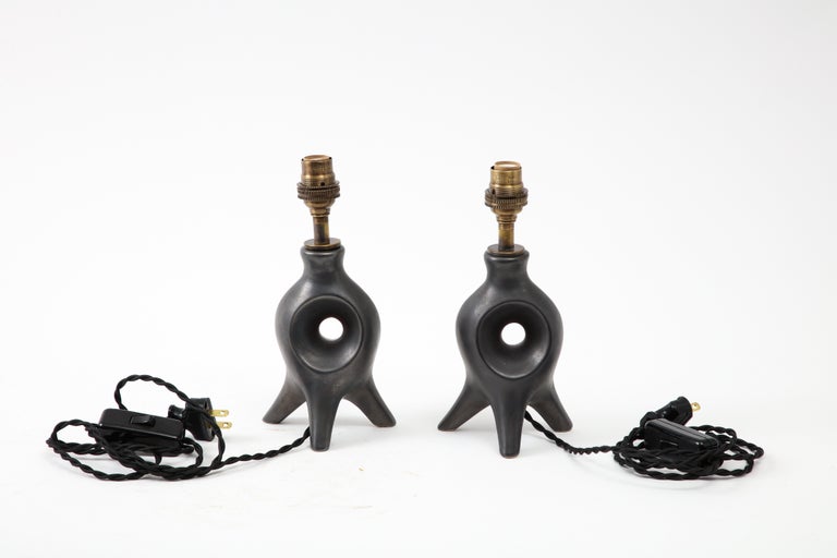 Two Tone Jouve Style Ceramic Lamps, France, 1950s For Sale at 1stDibs