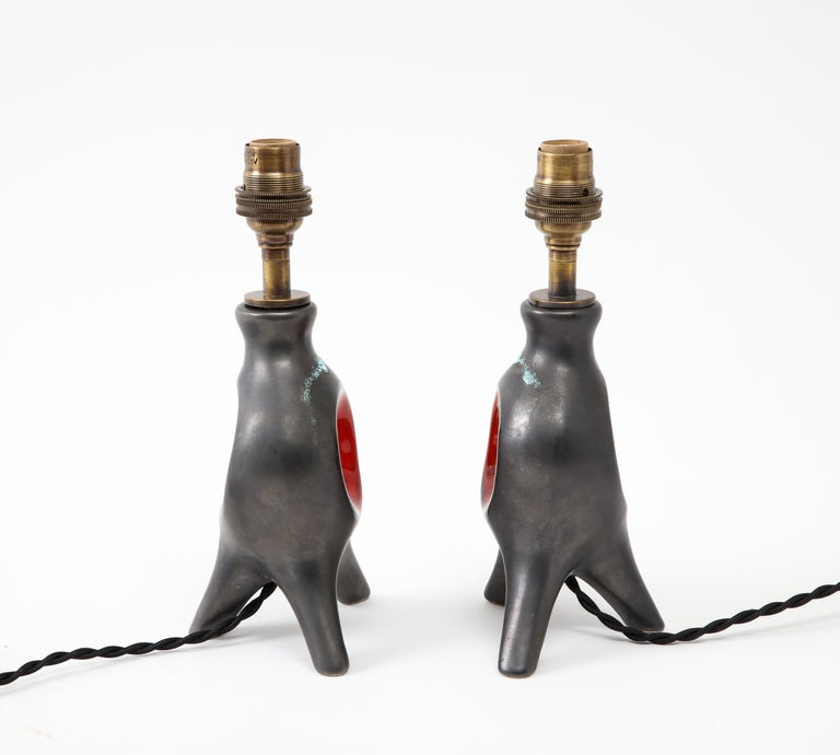 Two Tone Jouve Style Ceramic Lamps, France, 1950s For Sale at 1stDibs