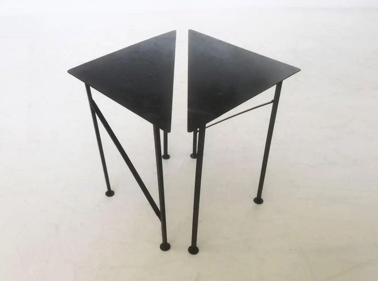 Two Unique Triangular Handcrafted Blackened Iron Drink Tables For Sale ...