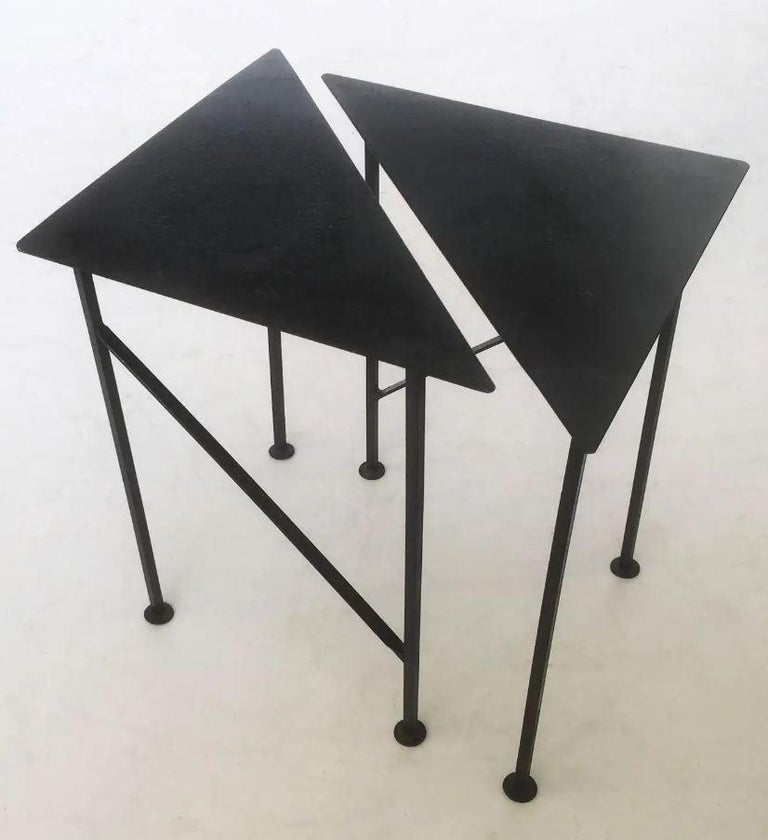 Two Unique Triangular Handcrafted Blackened Iron Drink Tables For Sale ...