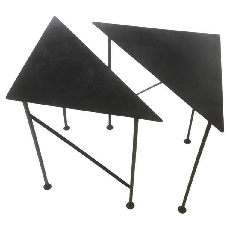 Two Unique Triangular Handcrafted Blackened Iron Drink Tables For Sale ...