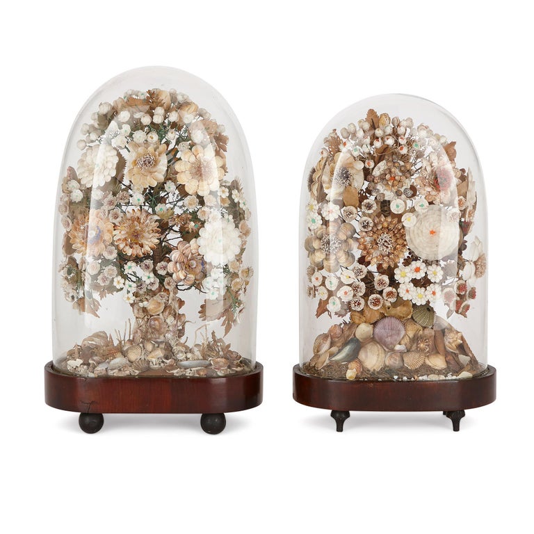 Two Victorian Shell Flower Arrangements in Glass Cases at 1stDibs