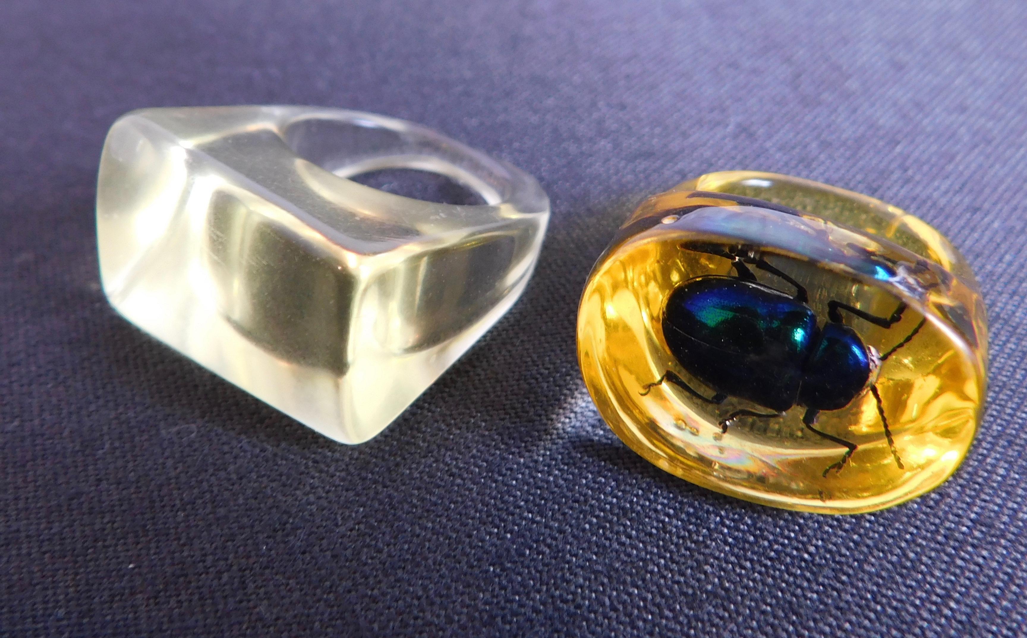 Two Vintage Acrylic Rings One with Insect For Sale at 1stDibs