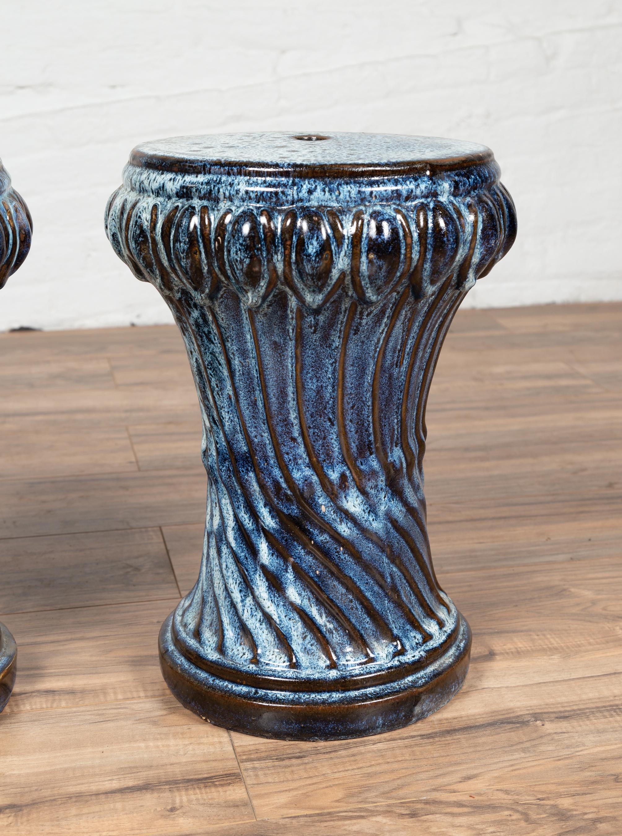 Two Vintage Blue Ceramic Garden Seats with Twisted Fluting, Sold ...