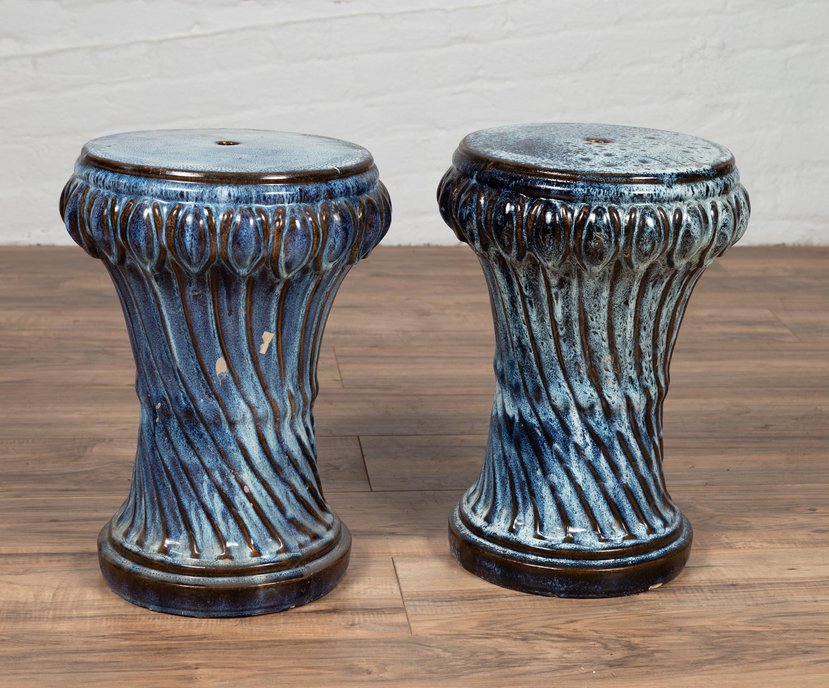 Two Vintage Blue Ceramic Garden Seats with Twisted Fluting, Sold ...