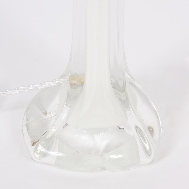 Two White Glass and Crystal Table Lamps by Flygsfors at 1stdibs