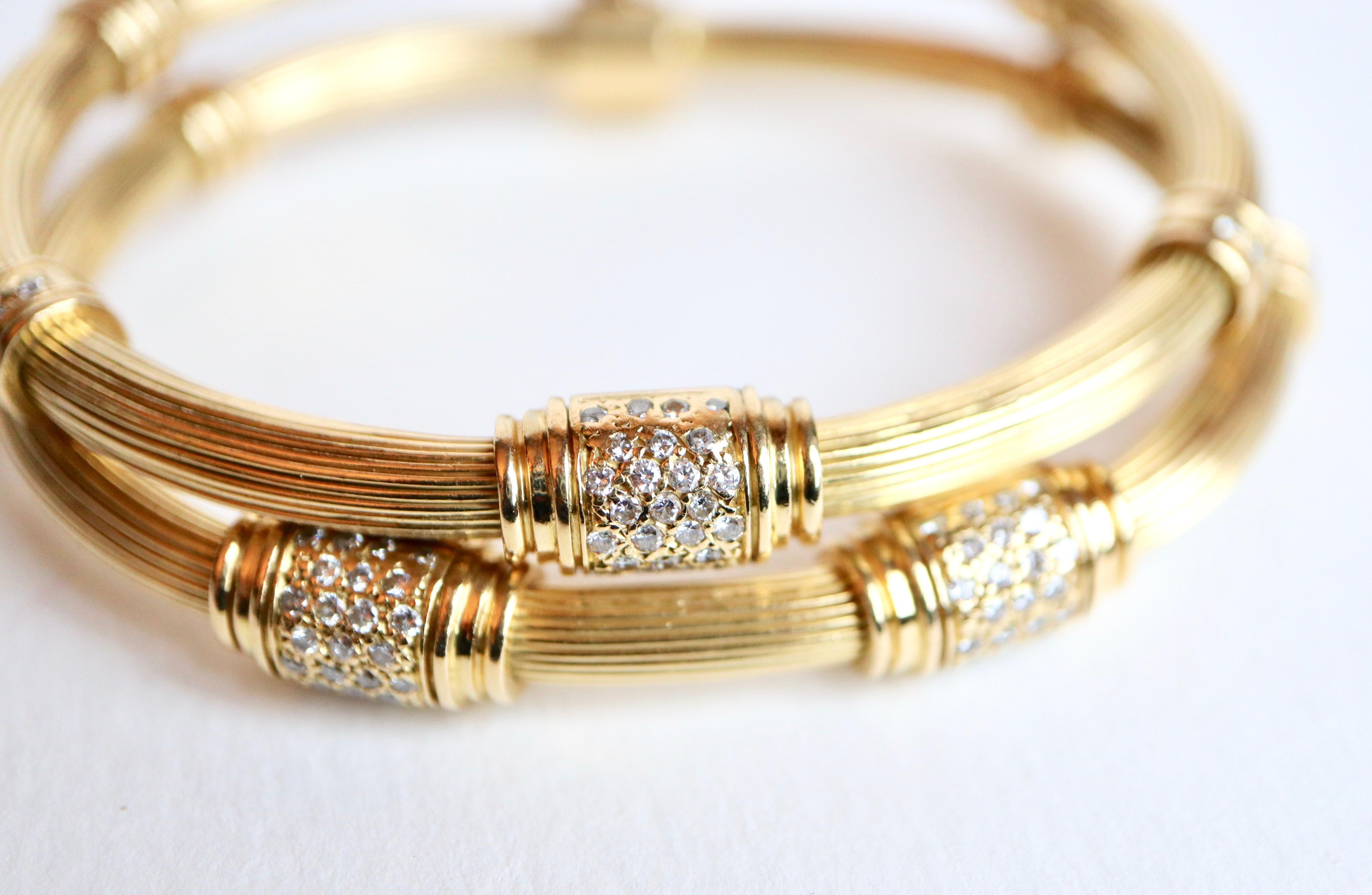 Two Yellow Gold 18 Karat and Diamonds Multi-Strand Bangles For Sale at ...