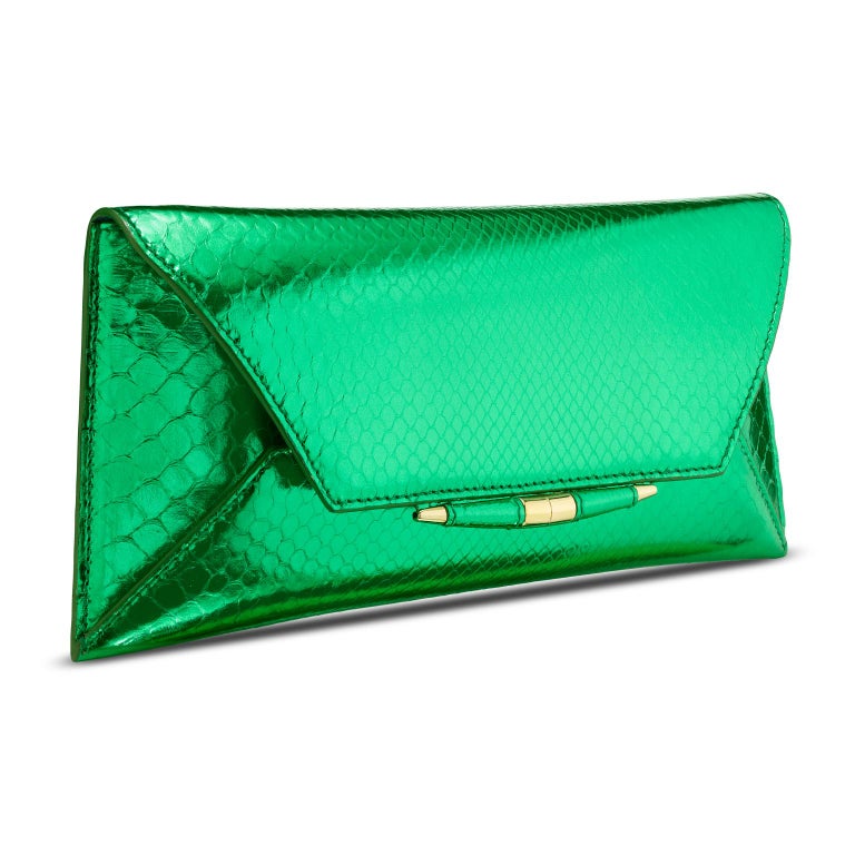 TYLER ELLIS Aimee Clutch Large Bright Green Python Gold Hardware For ...