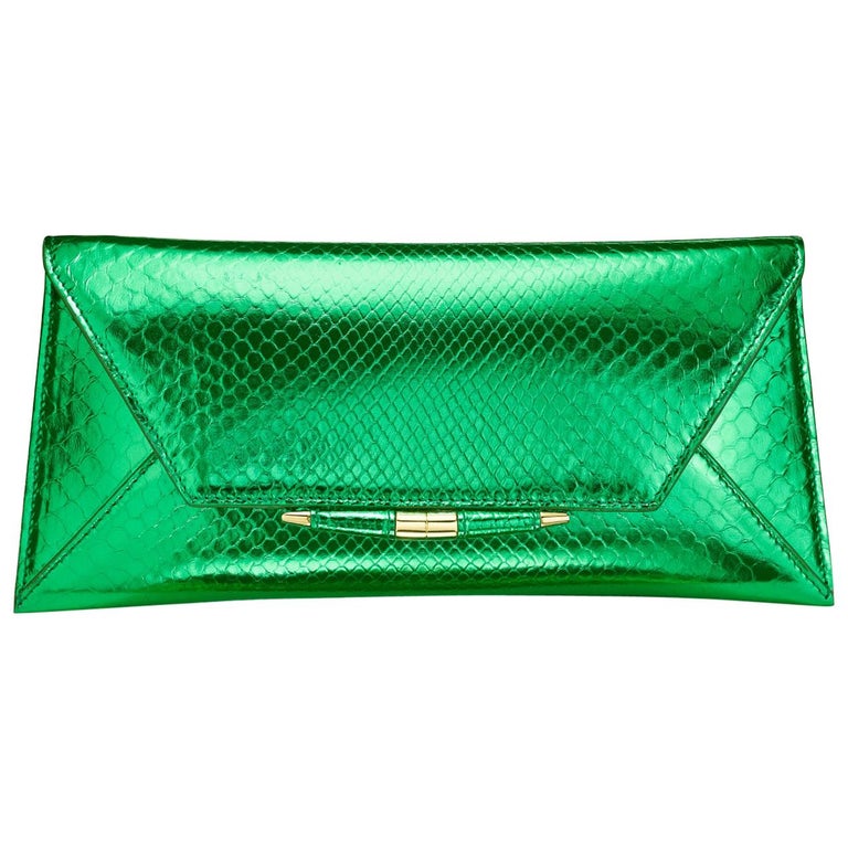 TYLER ELLIS Aimee Clutch Large Bright Green Python Gold Hardware For ...